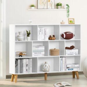 YAHARBO 10 Cube Large Bookshelf,3 Tier Bookcase with Legs,White Mid-Century Modern Bookshelves,Wide Free Standing Open Storage Organizer Shelf,Tall Wooden Book Case Furniture for Living Room,Office