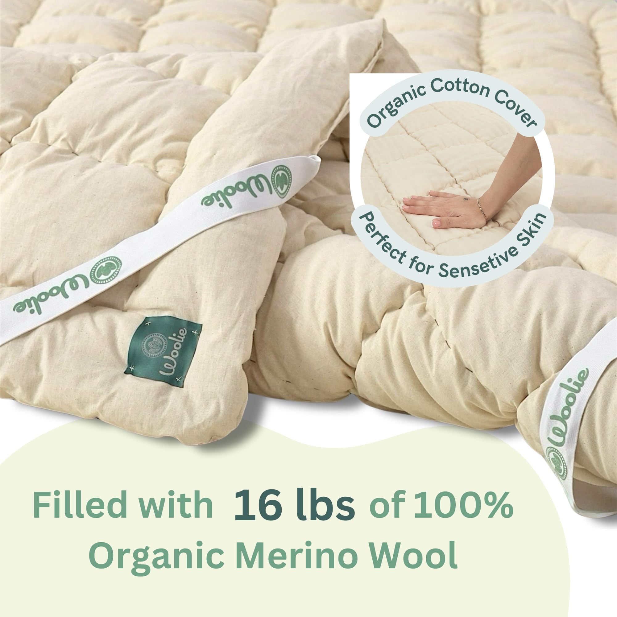 Woolie Organic Merino Wool Mattress Topper - 2 inches Pillow Top Mattress Pad, Handmade, Non-Toxic, Cooling & Hypoallergenic, Natural Relief for Back Pain, Sustainable Bedding (King)