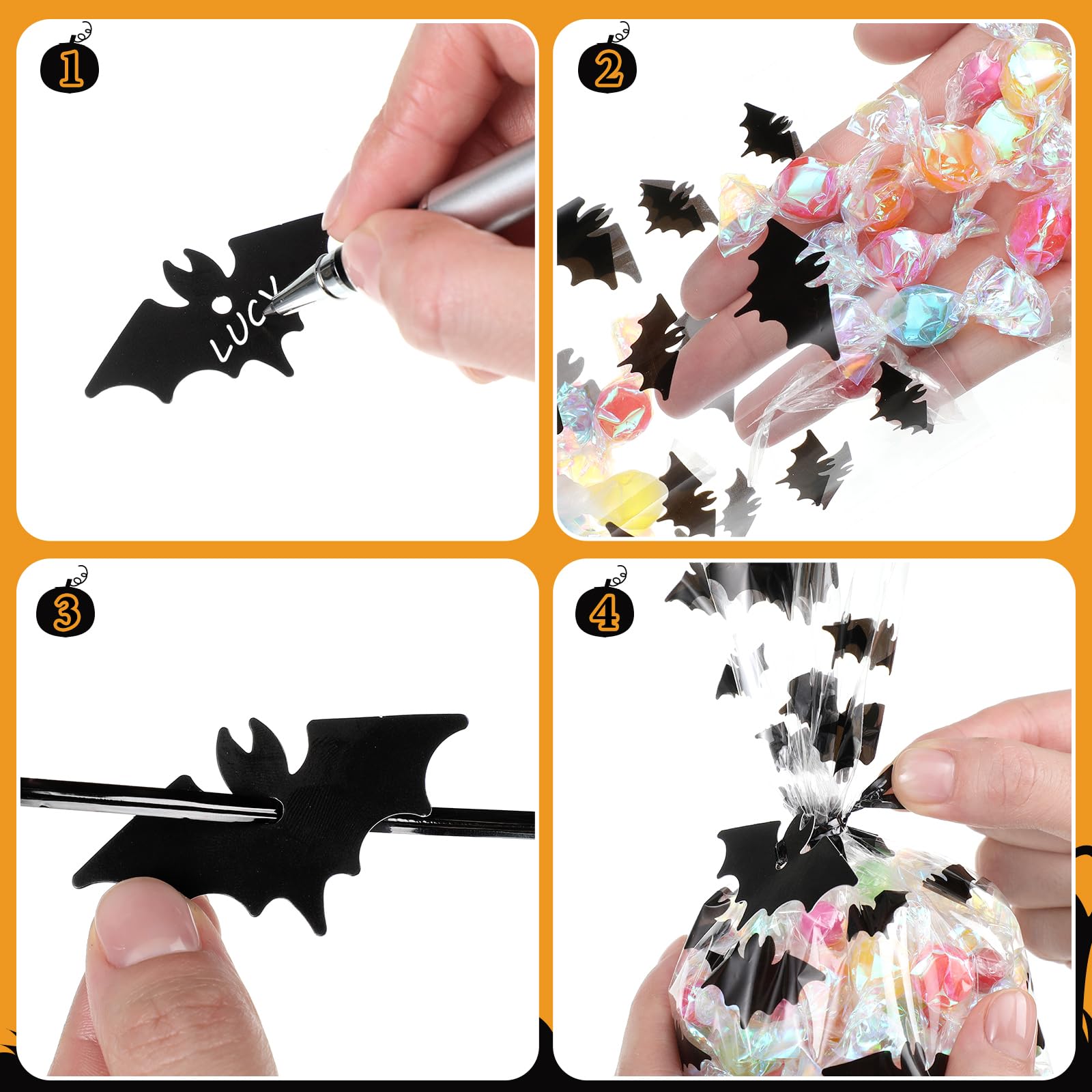 Gueevin 150 Set Halloween Bat Cellophane Candy Treat Bags Trick or Treat Cello Favor Bags Ghost Bat Cookie Goodie Bags Bulk with Twist Ties Gift Cards for Halloween Party Supplies