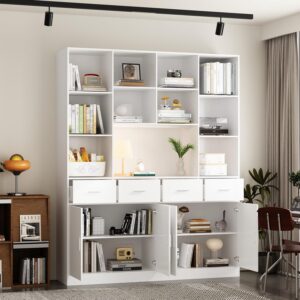 ECACAD Modern Wooden Bookcase with Shelves, 4 Doors and 4 Drawers, Tall Storage Display Cabinet Kitchen Pantry for Living Room, Home Office and Kitchen, White (15.7" D x 63" W x 78.7" H)