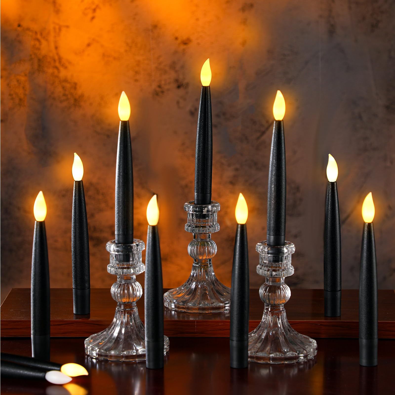 Liliful 24 Pcs Halloween Hanging Floating Candles Flameless LED Taper Candles Magic Hanging Flameless Candles Battery Operated Warm Light for Halloween Party Decor(Black, 6.3inch)