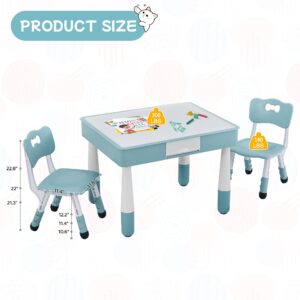 CuFun 4 in 1 Kids Table and 2 Chairs Set, Toddler Table and Chair Set for Kids Ages 3-10, Activity Table for Building Blocks/Drawing/Reading/Dining，Gift for Boy & Girl (Grayish Blue)