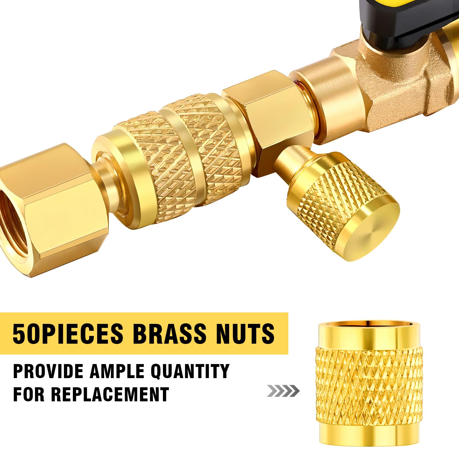 【Upgraded】50 Pcs 1/4" Brass Flare Cap, Solid Brass Caps with Neoprene O Ring Seal, 1/4" SAE HVAC Valve Caps