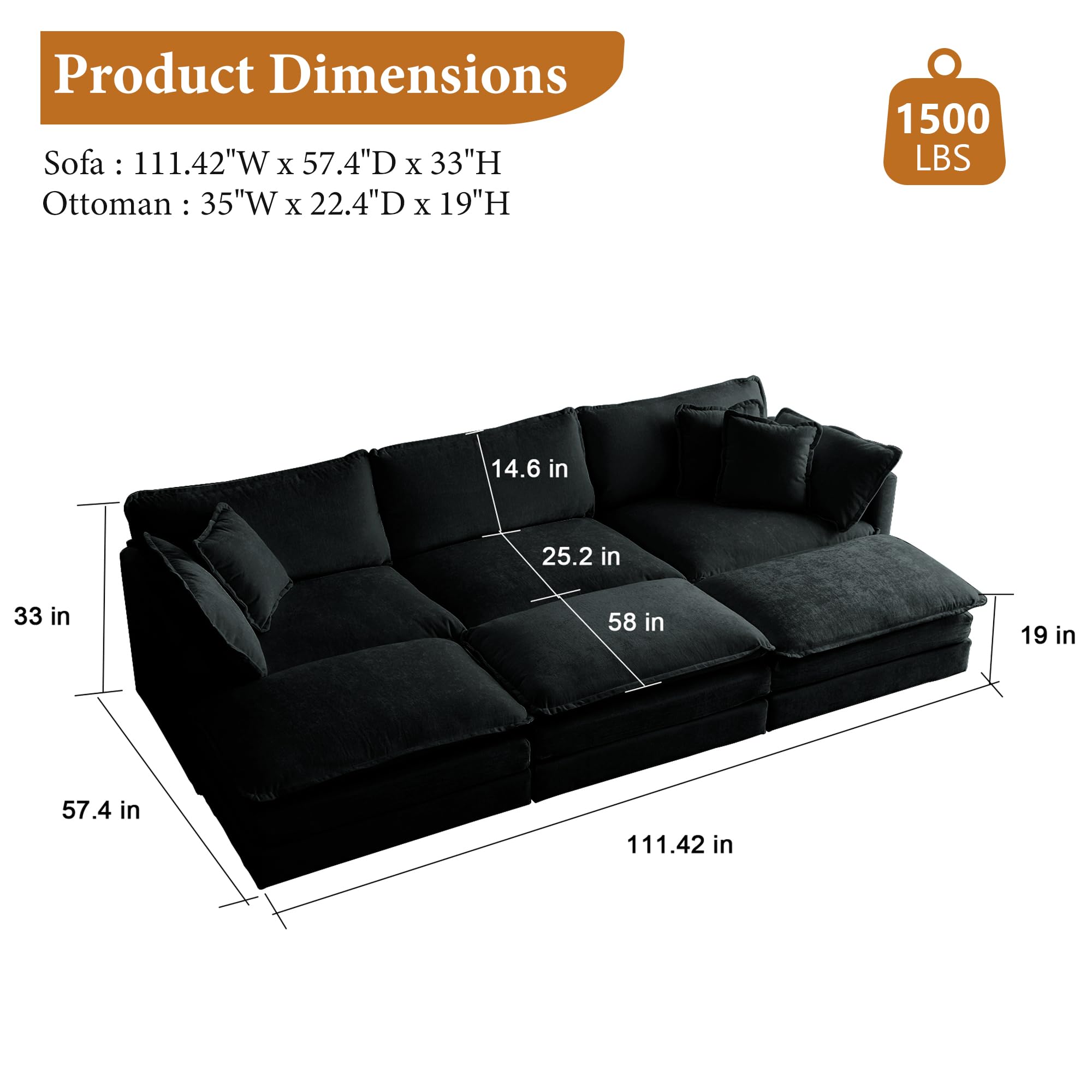 111.42" Deep Seat Sectional Cloud Sofa Sleeper with 3 Ottomans & Soft Pillows, 6 Seater Modular Couch Bed for Living Room, Apartment, Black Chenille