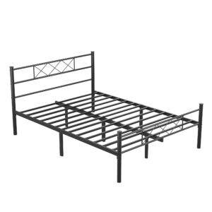 VECELO Full Size Bed Frame with Headboard, Heavy-Duty Platform/Mattress Foundation with Metal Slats Support, No Box Spring Needed/Easy Assembly, Matte Black