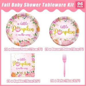 Kepeel 96Pcs Fall Little Pumpkin Baby Shower Plates and Napkins, Autumn A Little Pumpkin is on The Way Party Supplies Decorations Thanksgiving Girl Pink Floral Baby Shower Tableware Kit, Serves 24