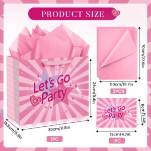 Hot Pink Gift Bag Lets Go Party Supplies Pink Wrapping Bag with Greeting Card and Tissue Paper Bachelorette Party Decorations for Girls Princess Bridal Shower Christmas Birthday Party Supplies