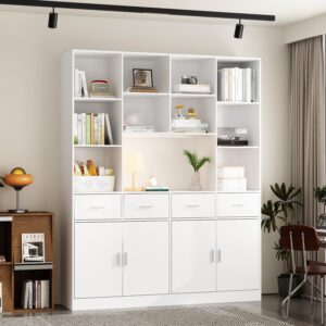 ecacad modern wooden bookcase with shelves, 4 doors and 4 drawers, tall storage display cabinet kitchen pantry for living room, home office and kitchen, white (15.7" d x 63" w x 78.7" h)