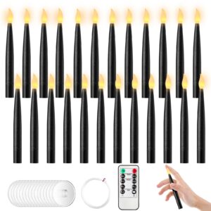 liliful 24 pcs halloween hanging floating candles flameless led taper candles magic hanging flameless candles battery operated warm light for halloween party decor(black, 6.3inch)