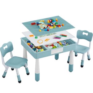 cufun 4 in 1 kids table and 2 chairs set, toddler table and chair set for kids ages 3-10, activity table for building blocks/drawing/reading/dining，gift for boy & girl (grayish blue)