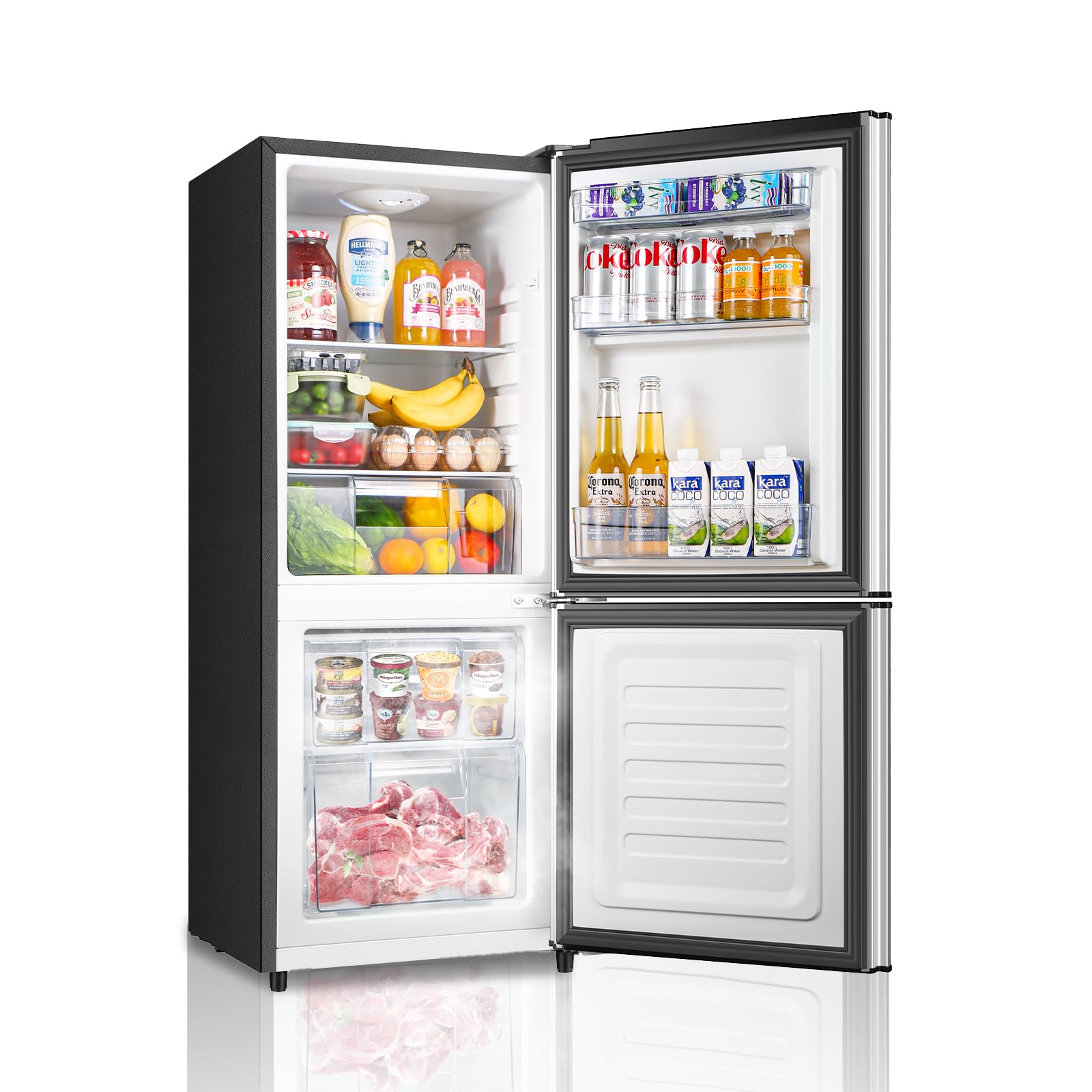 Saeoola Mini Fridge with Freezer on Bottom, 4.0 Cu.Ft, 2 Doors Compact Small Refrigerator with Bottom Freezer for Apartment, Dorm, Office, 7-Level Temperature Control, Removable Shelves (Sliver)