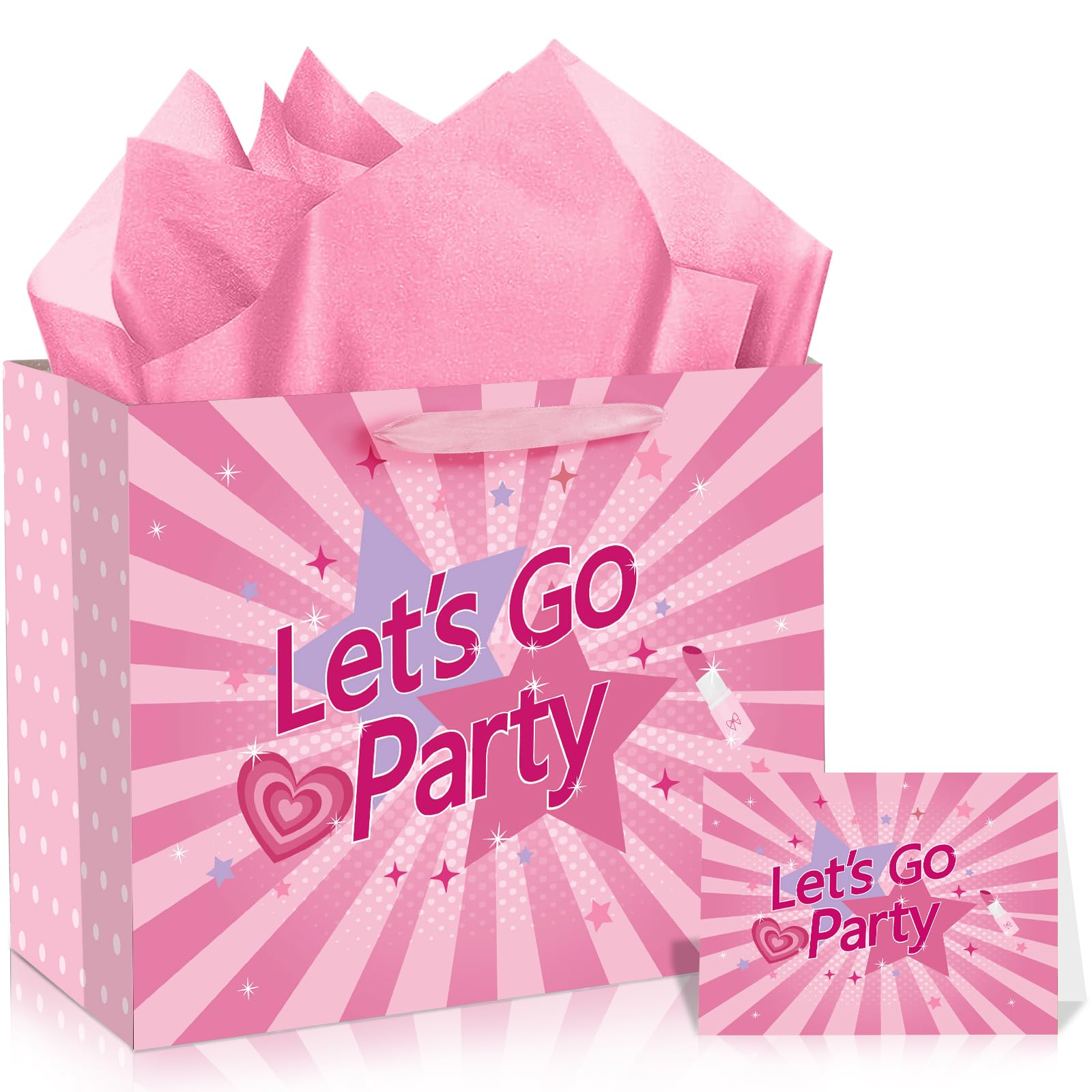 Hot Pink Gift Bag Lets Go Party Supplies Pink Wrapping Bag with Greeting Card and Tissue Paper Bachelorette Party Decorations for Girls Princess Bridal Shower Christmas Birthday Party Supplies