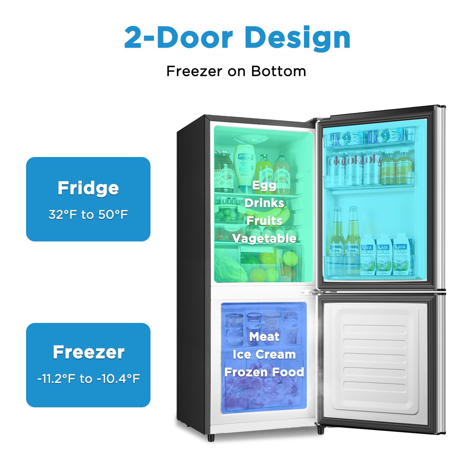 Saeoola Mini Fridge with Freezer on Bottom, 4.0 Cu.Ft, 2 Doors Compact Small Refrigerator with Bottom Freezer for Apartment, Dorm, Office, 7-Level Temperature Control, Removable Shelves (Sliver)