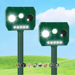 2 pcs solar ultrasonic animal repellent outdoor with pir motion sensor flash light for squirrel cat deer skunk rabbit coyote dog, waterproof cat deterrent deer repellent devices dog repellent for yard