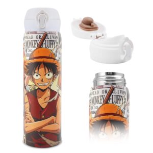 cneisejk anime piece water bottle, 16.9oz vacuum insulated luffy zoro stainless steel cup thermoses with locking cover leak-proof design, 500ml, orange