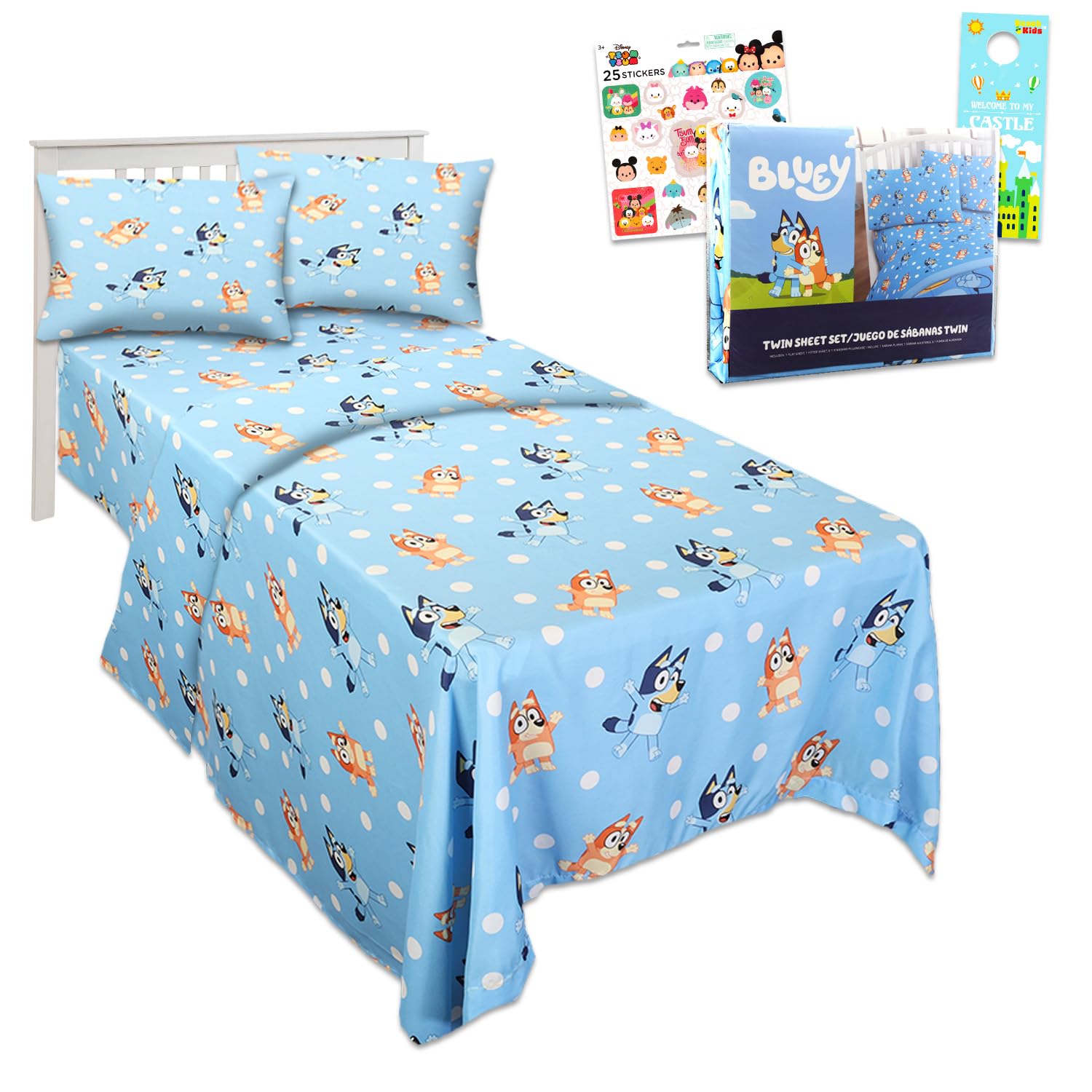 Bluey Bedding Set Twin Bed - Bundle with Bluey Bed Sheets with Flat Sheet, Fitted Sheet, and Pillowcase for Twin Bed Plus Stickers, More | Bluey Sheets Twin for Boys, Girls