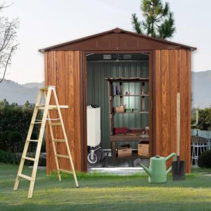 6 x 6 ft outdoor storage shed, metal garden shed with floor frame, tool shed outdoor storage with lockable sliding doors & window & air vents, storage house waterproof for backyard, lawn, coffee