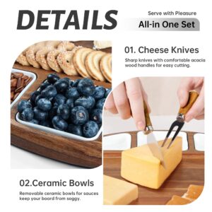 KITEISCAT Acacia Wood Cheese Board Set, Charcuterie Board Set, Cheese Platter Set with Knives and Bowls - Cheese Tray Set, Ideal for Wedding, Housewarming, Birthday, Anniversary