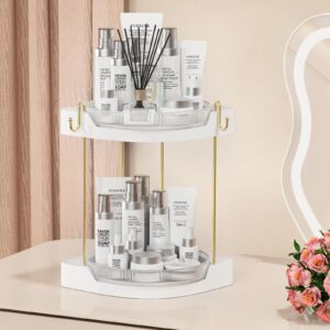 Asayuee 2-Tier Corner Bathroom Counter Organizer with Spinning Tray, Corner Skincare Organizers, Large Bathroom Countertop Organizer, Exquisite Vanity Organizer (Clear, 2-Tier)