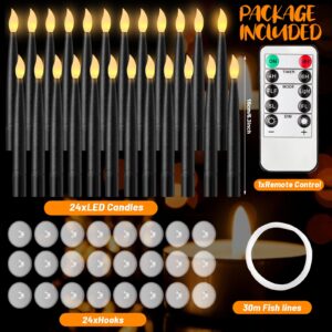 Liliful 24 Pcs Halloween Hanging Floating Candles Flameless LED Taper Candles Magic Hanging Flameless Candles Battery Operated Warm Light for Halloween Party Decor(Black, 6.3inch)