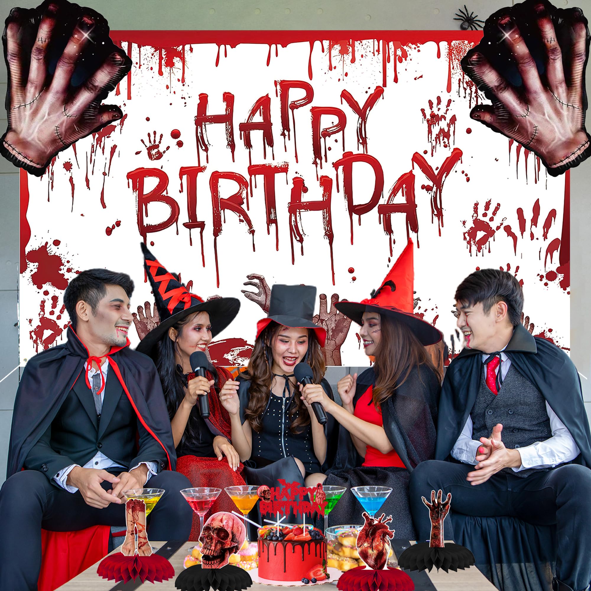 DARUNAXY Halloween Birthday Party Decorations, Red Halloween Happy Birthday Banner, Scary Handprint Balloons & Cake Topper, Horror Fake Broken Hands Dismember Honeycomb Hanging Swirl Balloons(36PC)