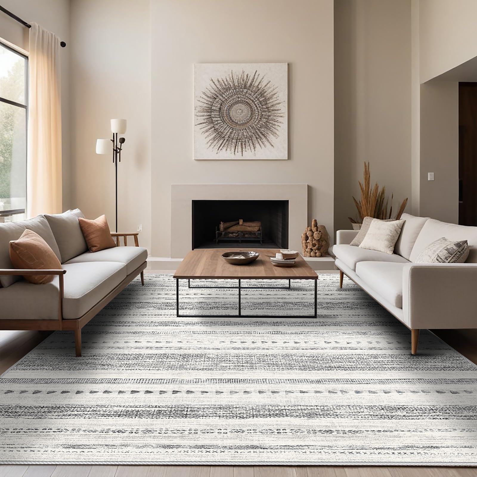 EISUROM Moroccan 8x10 Area Rug: Soft Ultra Thin Machine Washable Farmhouse Area Rugs for Living Room Non-Slip Neutral Modern Geometric Indoor Floor Carpet for Bedroom Under Dinning Table Beige/Grey