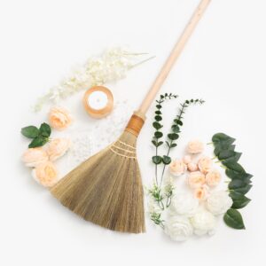 TTS For Home - Wedding Brooms Bride Bridegroom, Jumping The Broom for Wedding, Natural Whisk Broom with Ribbons, Artificial Pearl, Leaves,Roses for Decorative Wedding