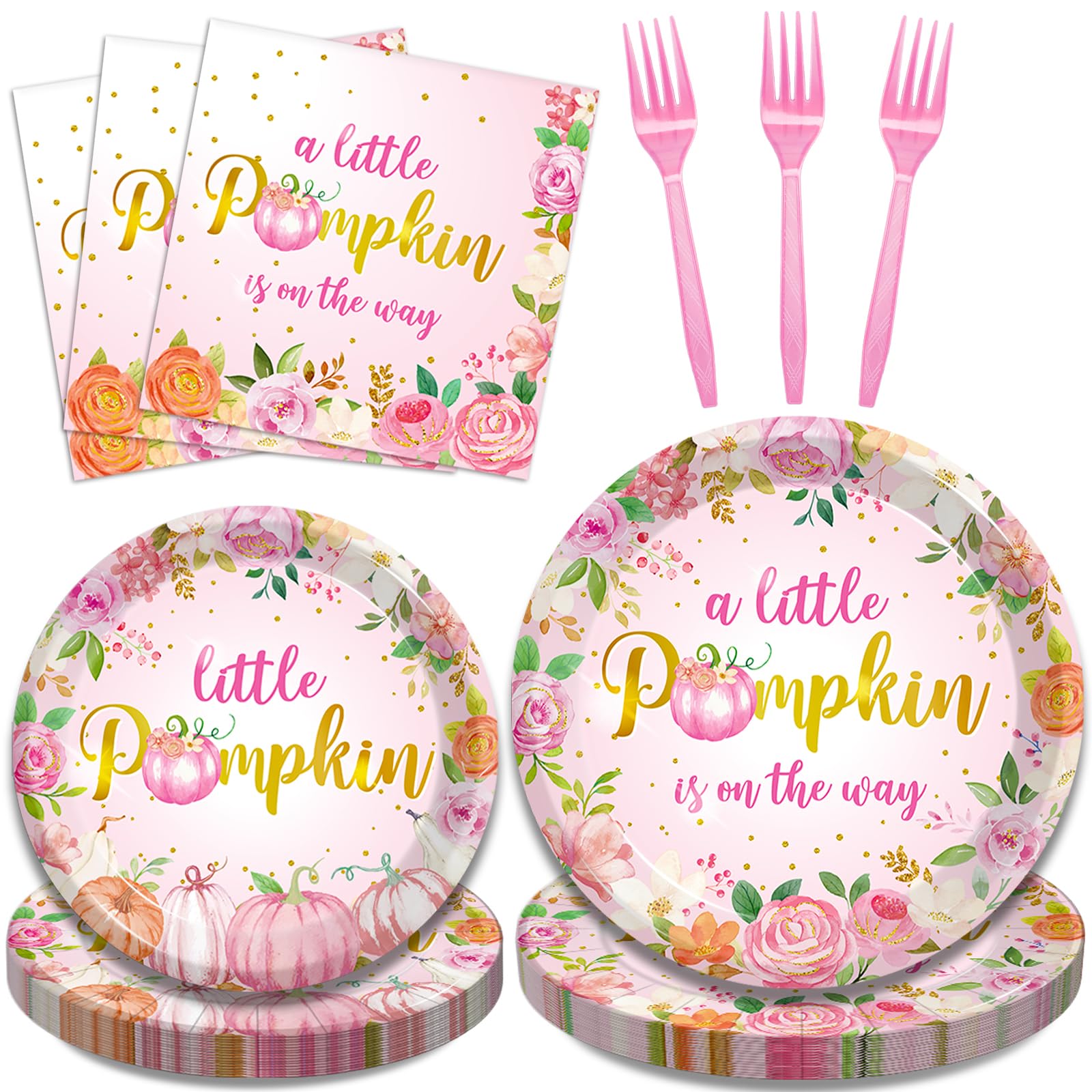 Kepeel 96Pcs Fall Little Pumpkin Baby Shower Plates and Napkins, Autumn A Little Pumpkin is on The Way Party Supplies Decorations Thanksgiving Girl Pink Floral Baby Shower Tableware Kit, Serves 24