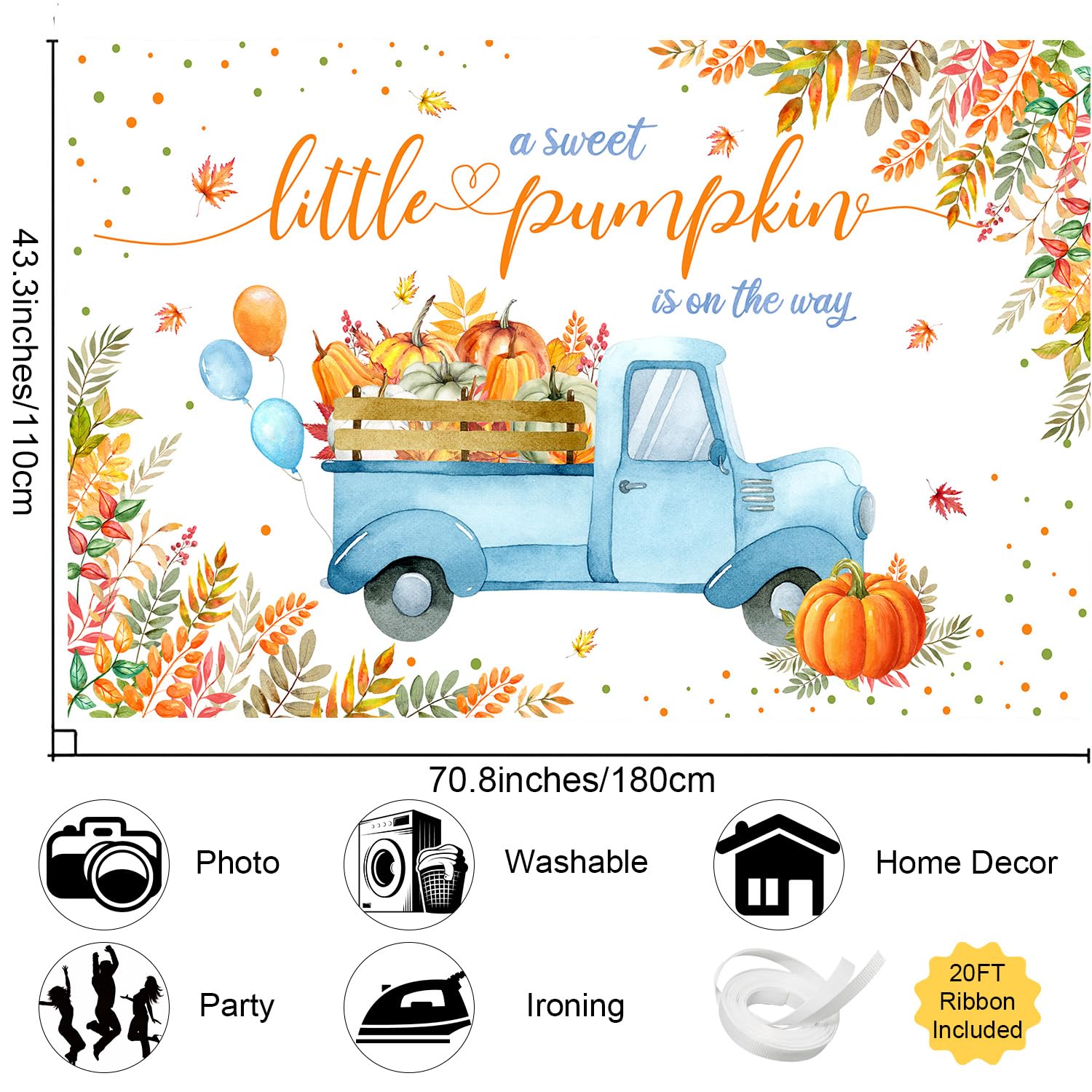 MEHOFOND Little Pumpkin Baby Shower Party Decorations Backdrop Autumn Fall Baby Shower Banner A Sweet Little Pumpkin is On The Way Blue Truck Maple Leaves Baby Shower Party Decor Supplies (72x44Inch)