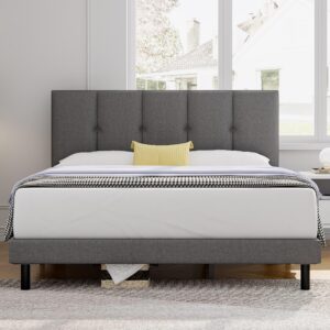 generic queen bed frame upholstered platform with headboard, linen fabric wrap, strong frame and wooden slats support, easy assembly no box spring needed,non-slip and noiseless, d light grey