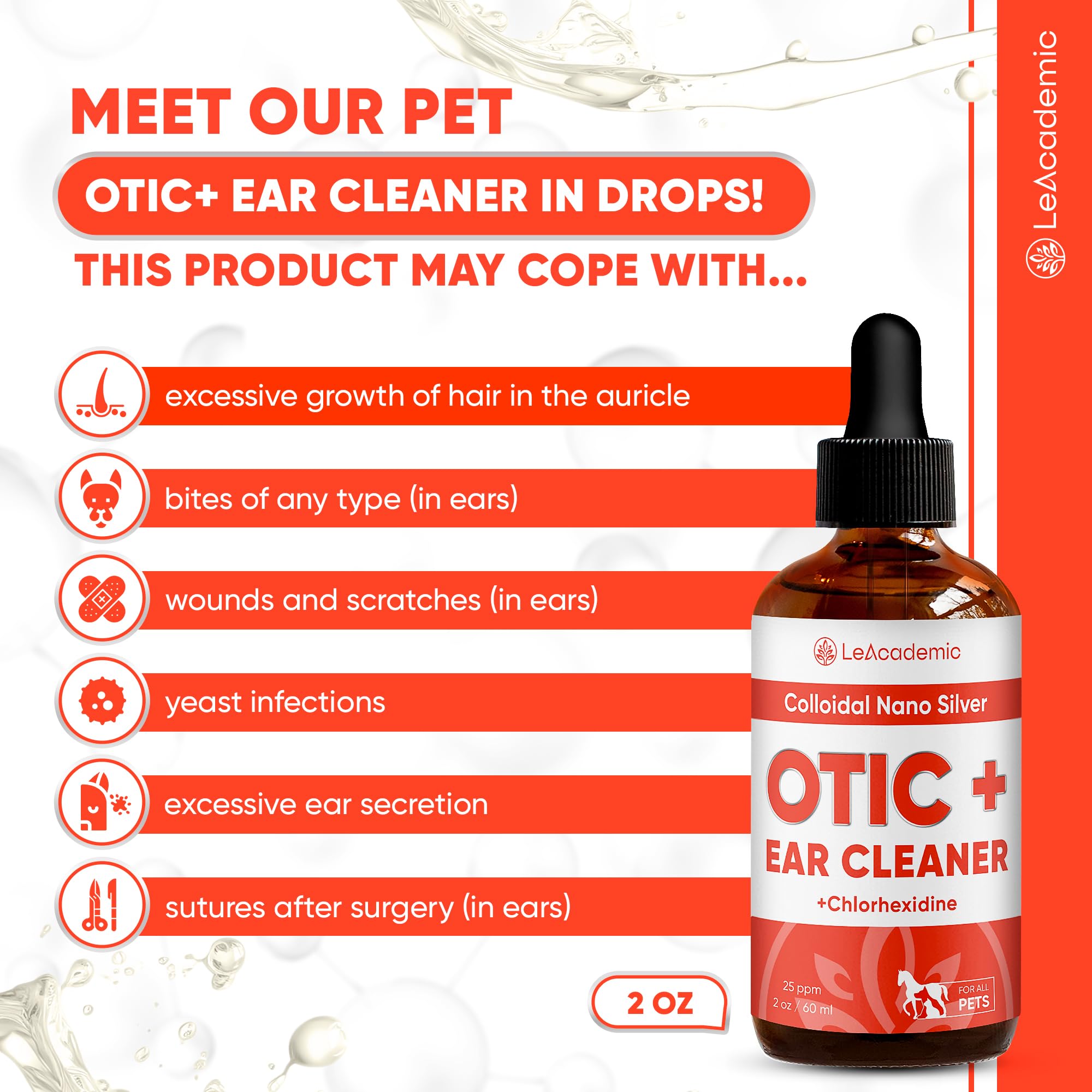 LeAcademic Dog Ear Infection Treatment | for Cat & Dog Ear Infection, Itching, Wounds | Colloidal Silver + Chlorhexidine | Ear Infection Treatment for Dogs, Pets | OTIC+ Ear Cleaner Drops | 2 Oz