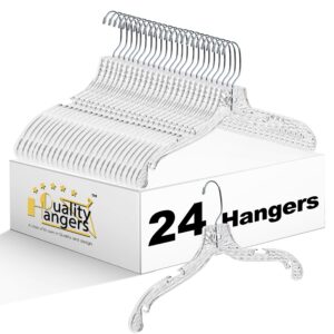 quality hangers 24 pack clear plastic hangers with super easy 360 degree swivel hook – shirt hangers with precision notches for secure hanging – slim crystal coat hangers – 17 inches (24, 17")