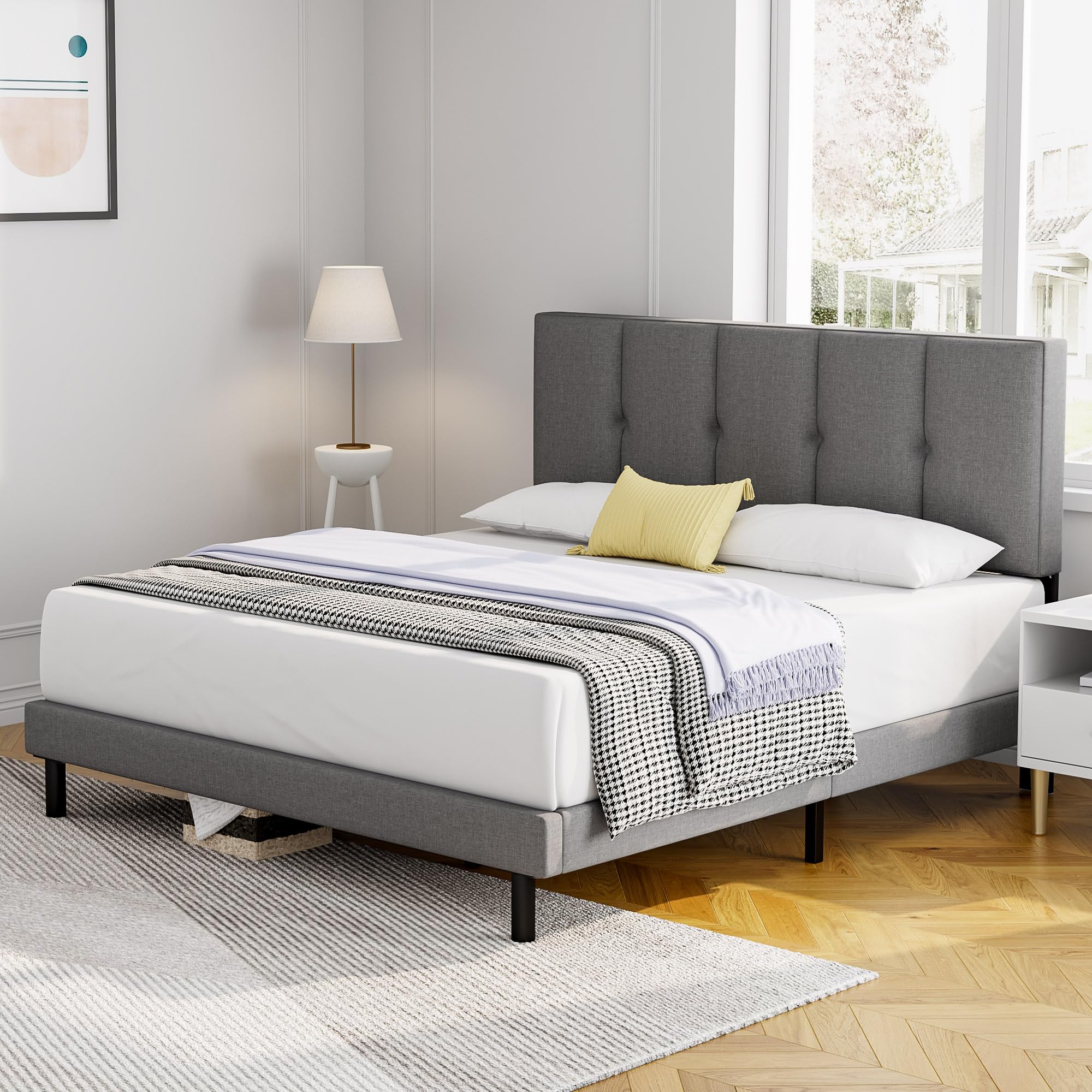 Generic Queen Bed Frame Upholstered Platform with Headboard, Linen Fabric Wrap, Strong Frame and Wooden Slats Support, Easy Assembly No Box Spring Needed,Non-Slip and Noiseless, D Light Grey