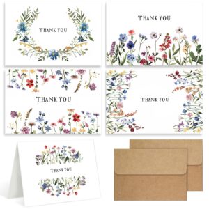 weizhen wildflower thank you cards with envelopes (bulk 20-4x6) - thank you notes set - floral thank you cards with envelope - for birthdays, weddings, bridal showers, baby showers