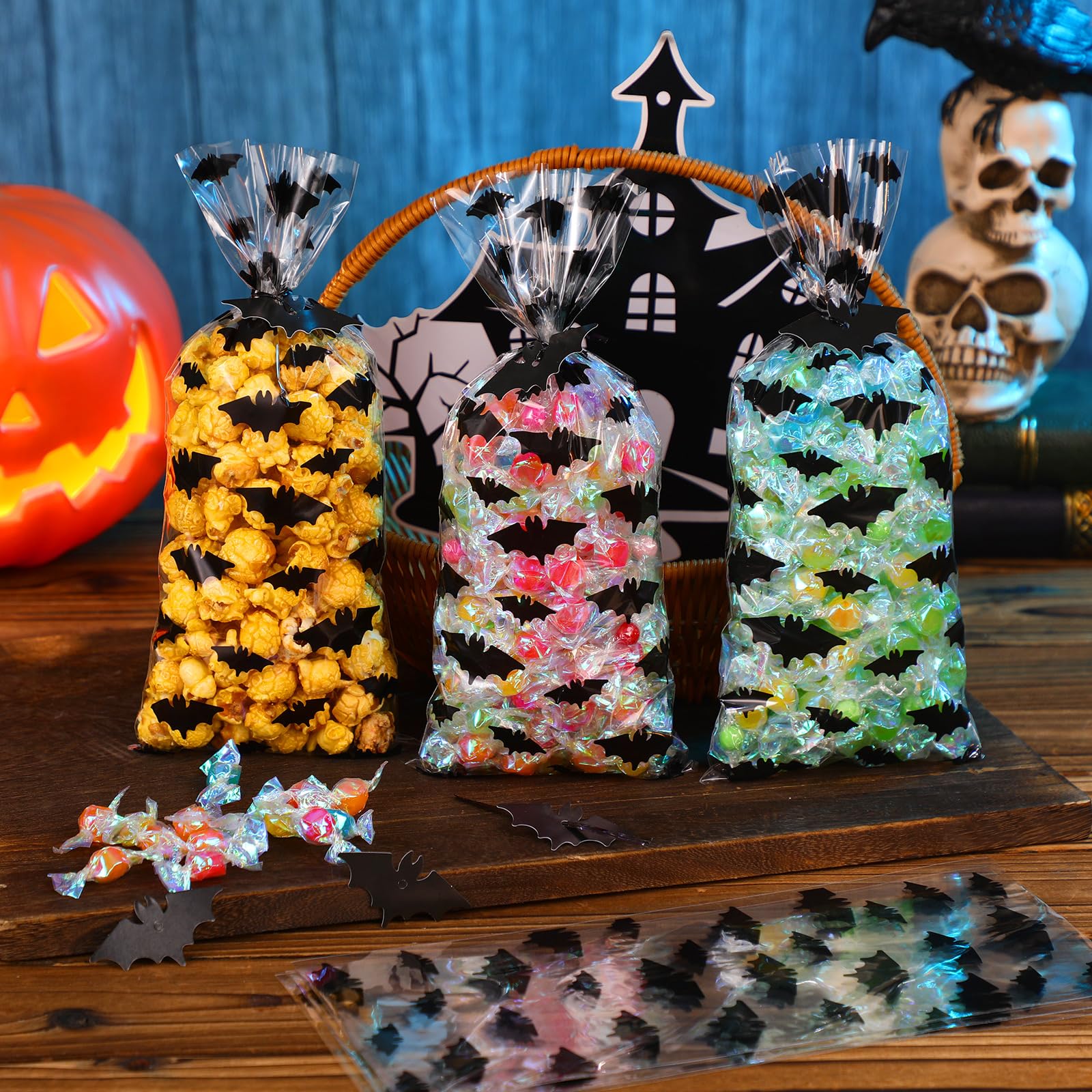 Gueevin 150 Set Halloween Bat Cellophane Candy Treat Bags Trick or Treat Cello Favor Bags Ghost Bat Cookie Goodie Bags Bulk with Twist Ties Gift Cards for Halloween Party Supplies