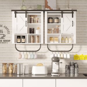 kepptory Medicine Cabinet with Adjustable Shelf and Sliding Door, Farmhouse Bathroom Cabinet Wall Mount with Towel Bar and 6pcs Hooks, Floating Storage Cabinet for Bathroom, Kitchen, Hallway