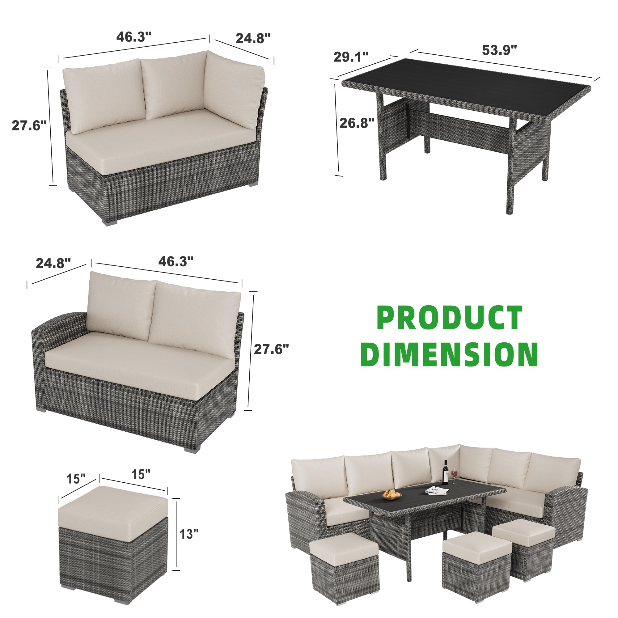 GAOMON 7 Piece Outdoor Sectional Sofa with Dining Table, Outdoor Sectional Dining Table Set, Outdoor Furniture with Wicker Rattan Dining Table with Ottoman, Beige