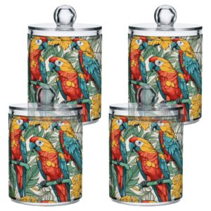 goodold parrot pattern qtip holder 4 pack - 10 oz clear plastic apothecary jar set for bathroom organization - versatile canister storage for cotton balls, swabs, rounds