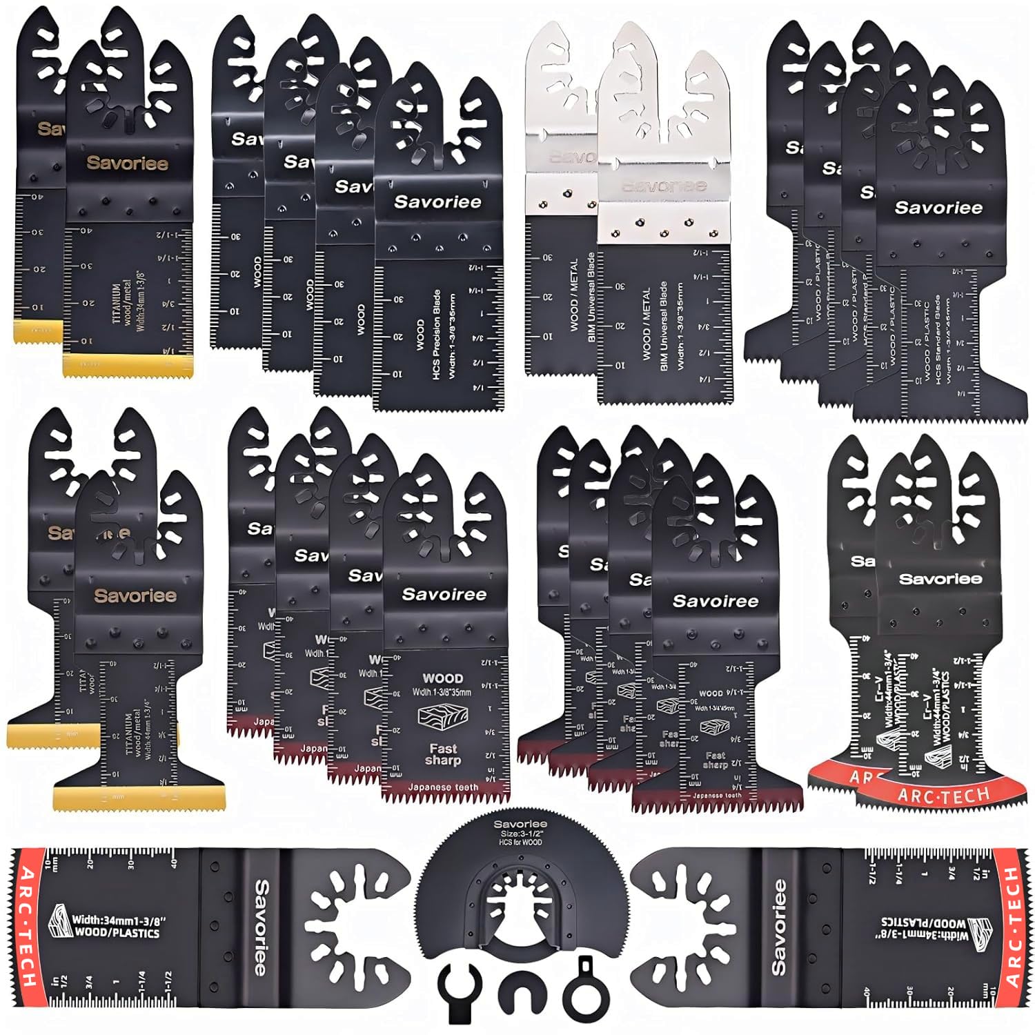 Savoriee 30PCS Oscillating Saw Blades, Universal Titanium Multitool Blades for Wood Plastics Metal, Quick Release Multi Tool Kits Fit Bosch Ryobi Milwaukee Rockwell Fein Makita