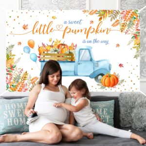 MEHOFOND Little Pumpkin Baby Shower Party Decorations Backdrop Autumn Fall Baby Shower Banner A Sweet Little Pumpkin is On The Way Blue Truck Maple Leaves Baby Shower Party Decor Supplies (72x44Inch)