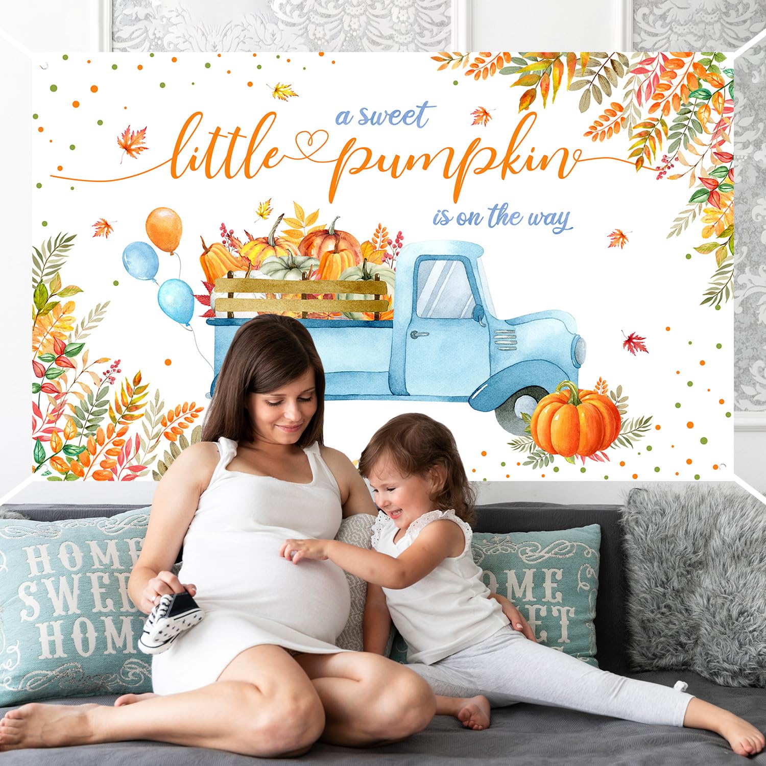 MEHOFOND Little Pumpkin Baby Shower Party Decorations Backdrop Autumn Fall Baby Shower Banner A Sweet Little Pumpkin is On The Way Blue Truck Maple Leaves Baby Shower Party Decor Supplies (72x44Inch)