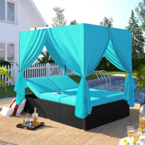 77.2" L Outdoor Patio Wicker Sunbed with Cushions and Curtains, Outdoor Double Padded Daybed with Adjustable Seats, Rattan Conversation Seating Group for Lawn, Poolside, Deck, Blue