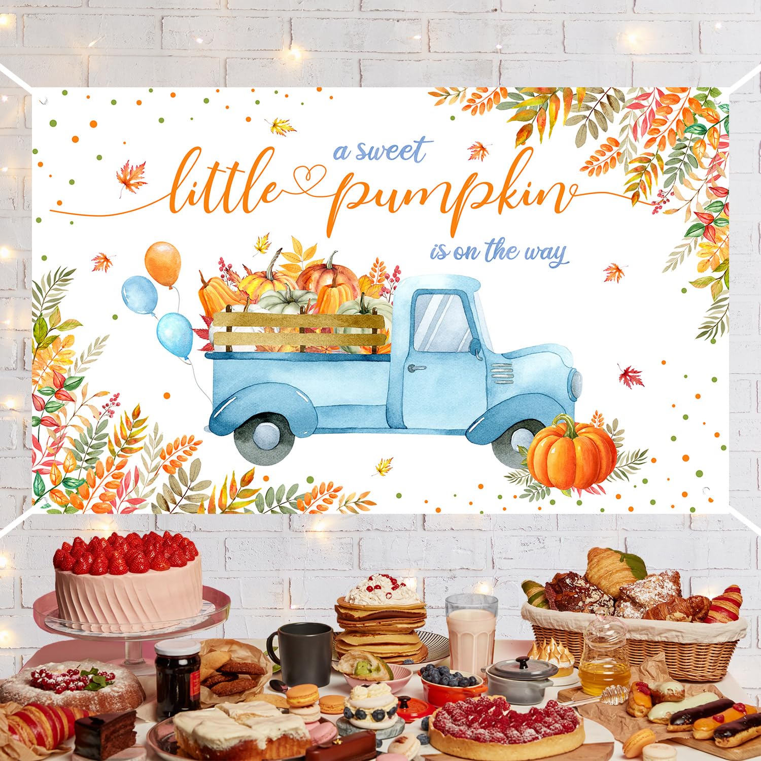 MEHOFOND Little Pumpkin Baby Shower Party Decorations Backdrop Autumn Fall Baby Shower Banner A Sweet Little Pumpkin is On The Way Blue Truck Maple Leaves Baby Shower Party Decor Supplies (72x44Inch)