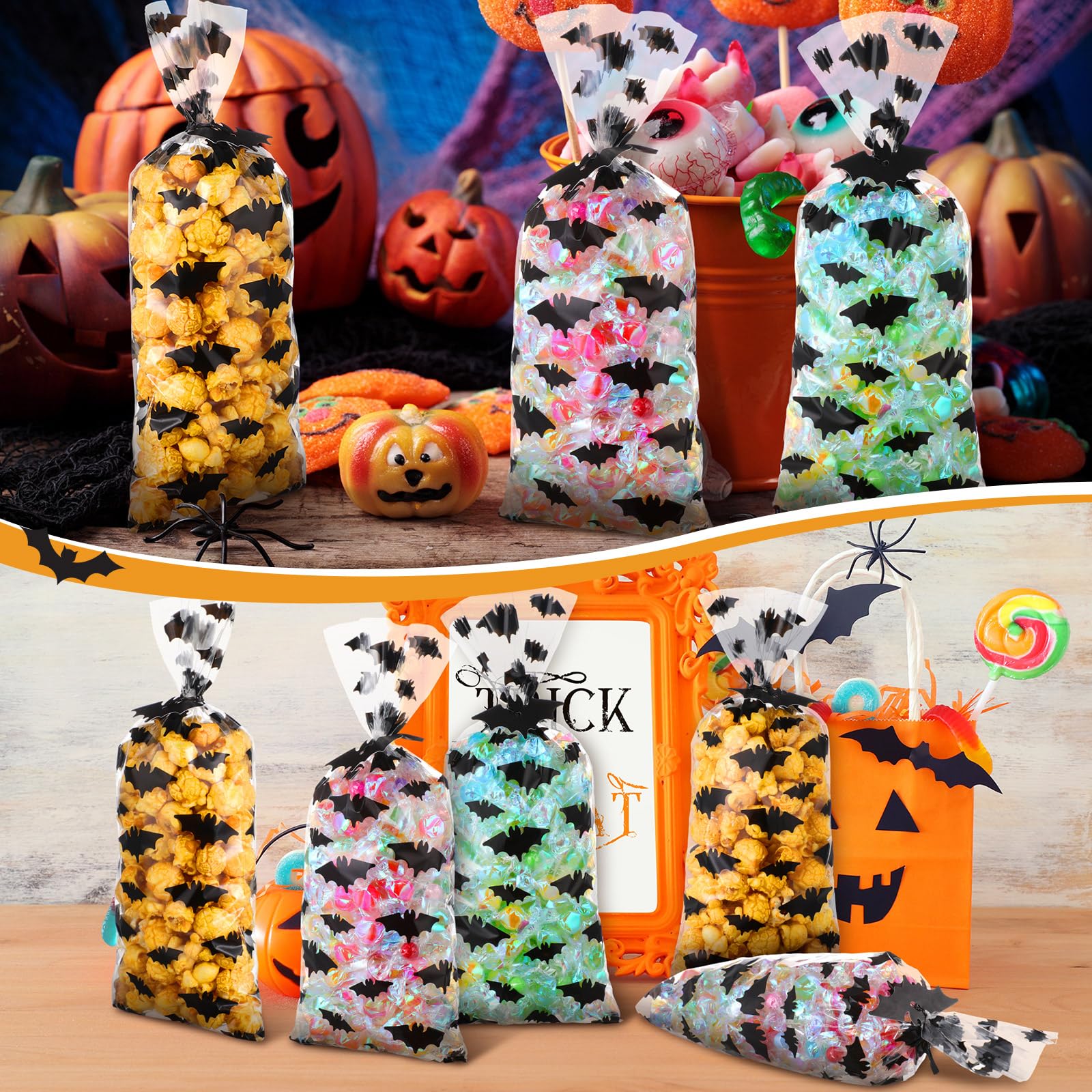 Gueevin 150 Set Halloween Bat Cellophane Candy Treat Bags Trick or Treat Cello Favor Bags Ghost Bat Cookie Goodie Bags Bulk with Twist Ties Gift Cards for Halloween Party Supplies