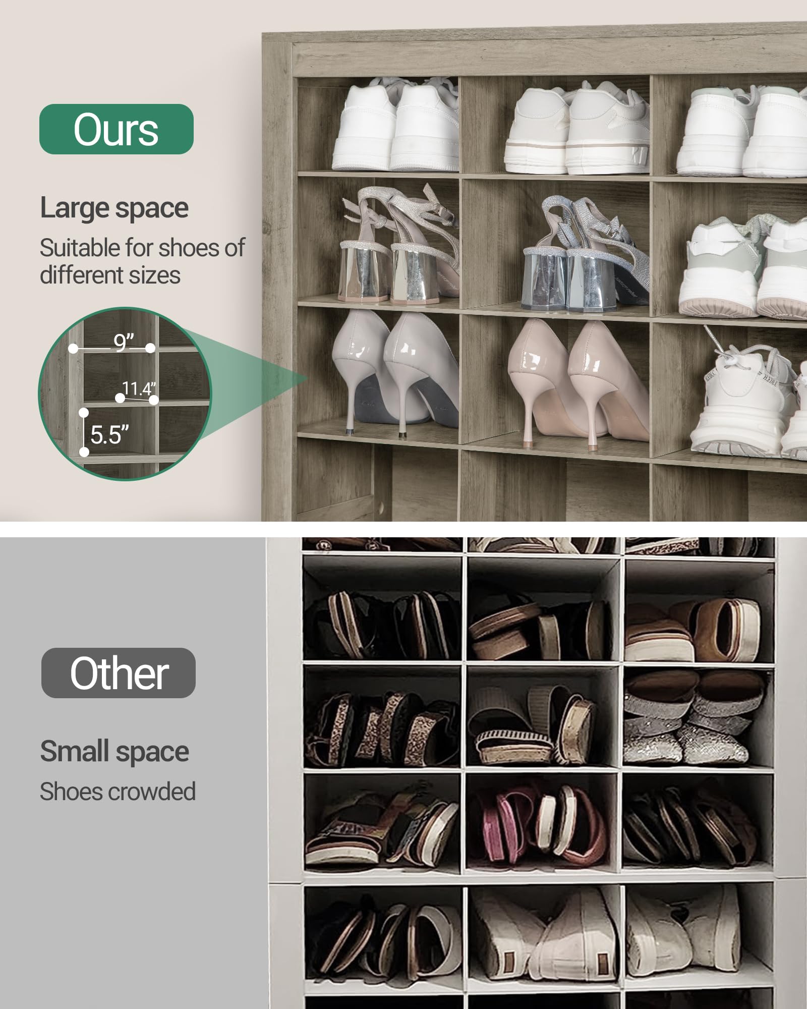 Hzuaneri Shoe Storage Cabinet, 36 Pairs Free Standing Closet Organizer, 8.8 inch Widened Cell Wood Shoe Organizer, 12 Tiers Vertical Space Saving Shoe Rack for Entryway, Bedroom, Greige SR20705B