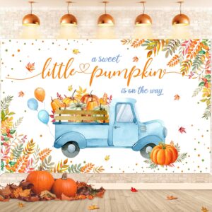 mehofond little pumpkin baby shower party decorations backdrop autumn fall baby shower banner a sweet little pumpkin is on the way blue truck maple leaves baby shower party decor supplies (72x44inch)