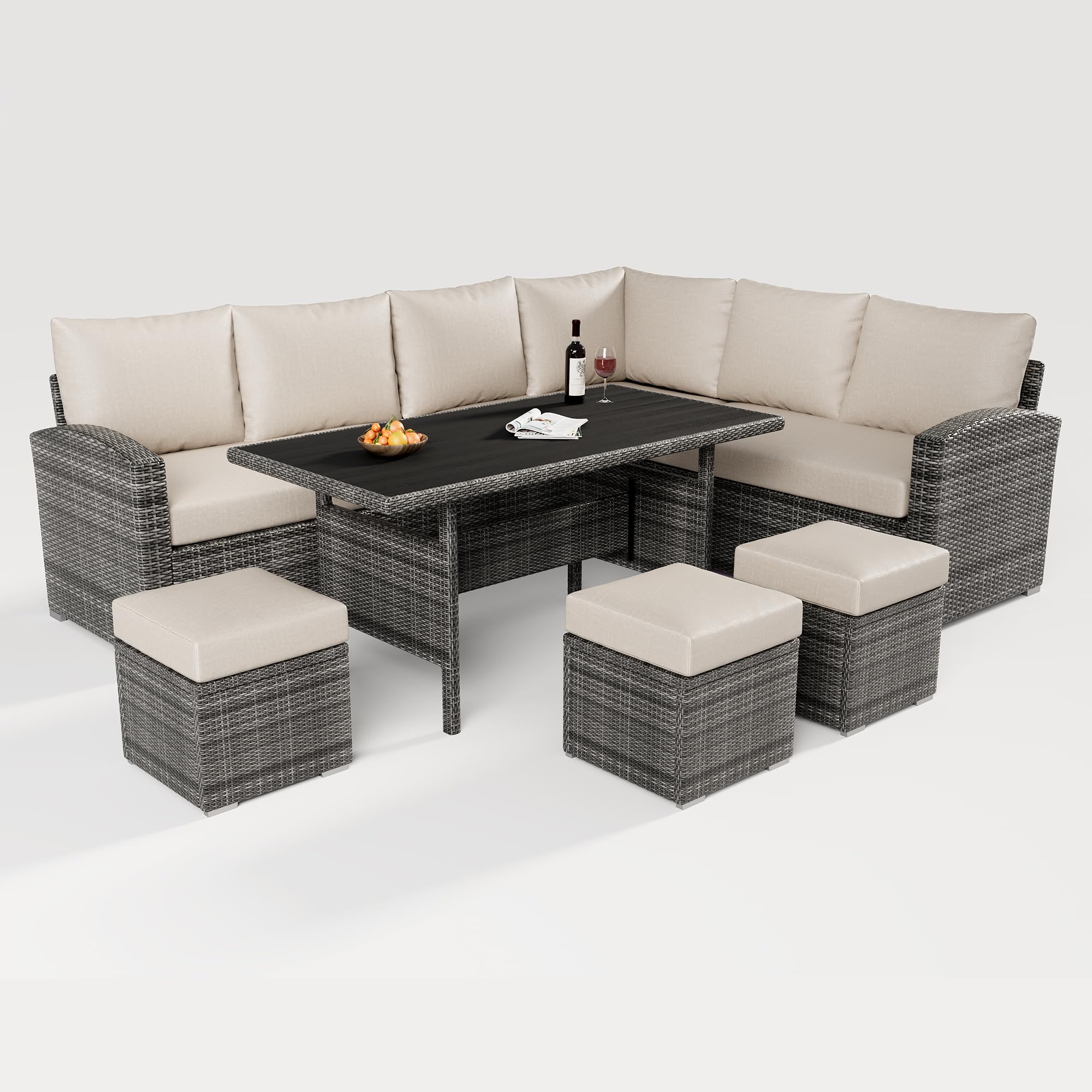 GAOMON 7 Piece Outdoor Sectional Sofa with Dining Table, Outdoor Sectional Dining Table Set, Outdoor Furniture with Wicker Rattan Dining Table with Ottoman, Beige