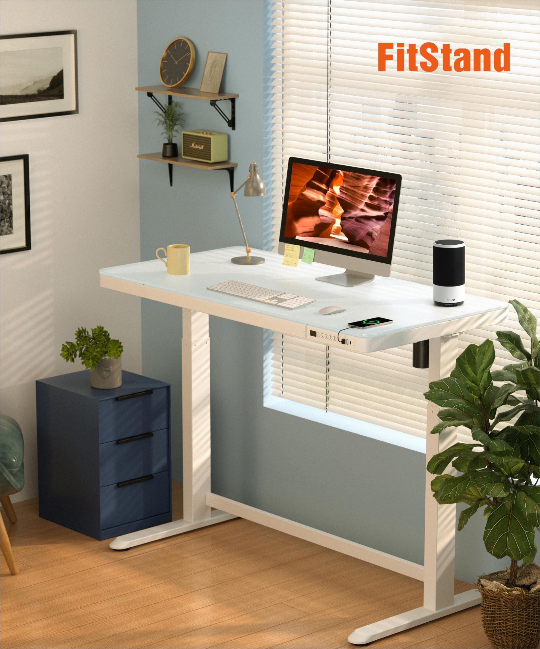 FitStand Standing Desk with Glass Desk Top, 48 Inches Height Adjustable Desk with Drawer,Electric Home Office Desk with USB Charge Ports& Child Lock, Stand Up Computer Desk