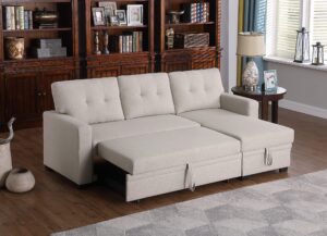 l shaped convertible sleeper sectional sofa with storage chaise and pull-out bed, linen upholstered reversible corner couch w/detachable backrest for living room, apartment, 3 seater home furniture