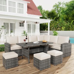 GAOMON 7 Piece Outdoor Sectional Sofa with Dining Table, Outdoor Sectional Dining Table Set, Outdoor Furniture with Wicker Rattan Dining Table with Ottoman, Beige